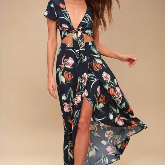 Lulus | Skirts | Magdalena Navy Blue Floral Print Twopiece Maxi Dress ...